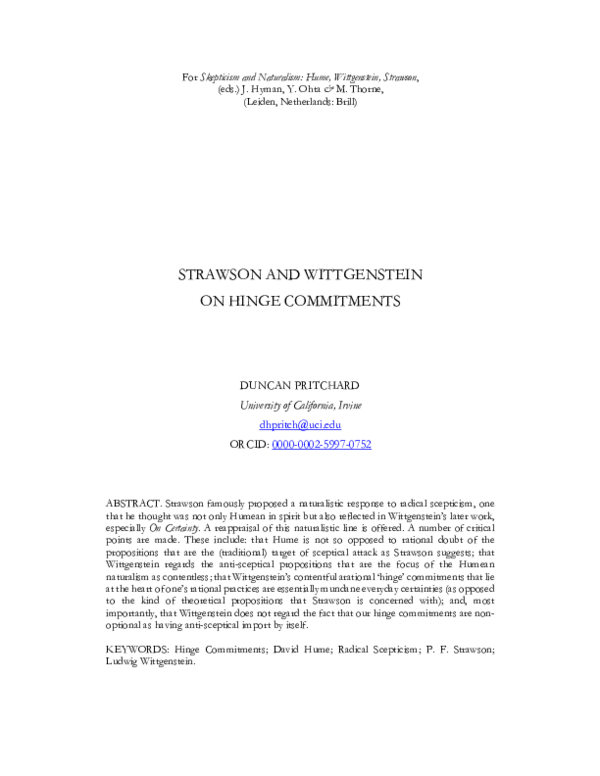(PDF) STRAWSON AND WITTGENSTEIN ON HINGE COMMITMENTS
