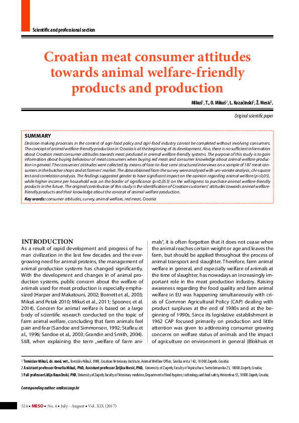(PDF) Croatian meat consumer attitudes towards animal welfare-friendly products and production