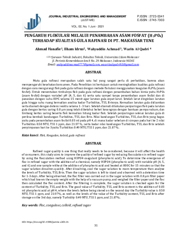 (PDF) Pengaruh Flokulasi Melalui Penambahan Asam Fosfat (H3P04) Terhadap Kualitas Gula Rafinasi ...
