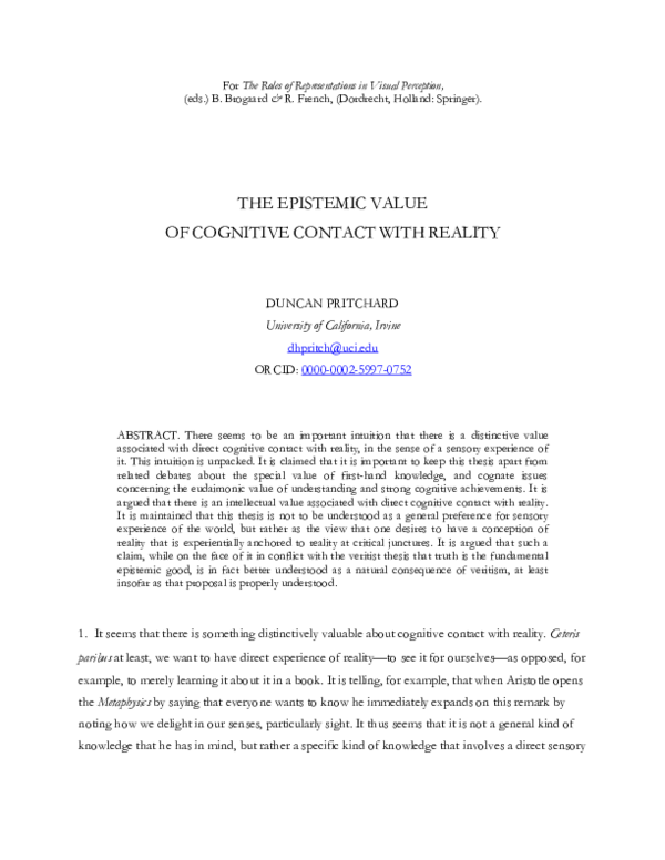 (PDF) THE EPISTEMIC VALUE OF COGNITIVE CONTACT WITH REALITY