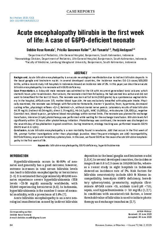 (PDF) Acute encephalopathy bilirubin in the first week of life: A case ...