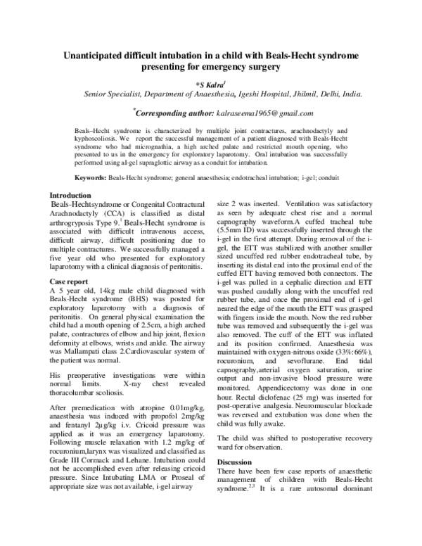 (PDF) Unanticipated difficult intubation in a child with Beals-Hecht ...