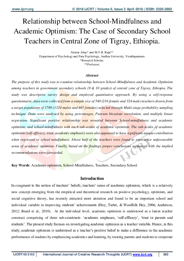 (PDF) Relationship between School-Mindfulness and Academic Optimism ...