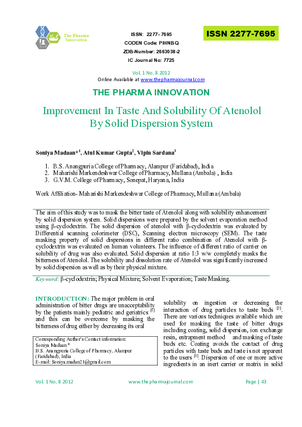 (PDF) Improvement in Taste and Solubility of Atenolol by Solid Dispersion system