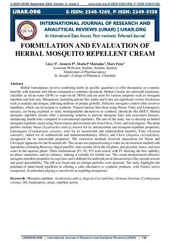 (PDF) FORMULATION AND EVALUATION OF HERBAL MOSQUITO REPELLENT CREAM