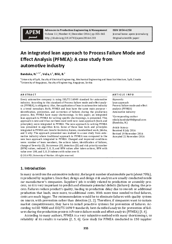 (PDF) An integrated lean approach to Process Failure Mode and Effect Analysis (PFMEA): A case ...
