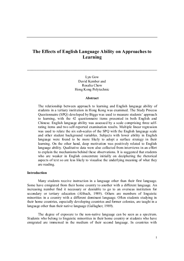 (PDF) The Effects of English Language Ability on Approaches to Learning