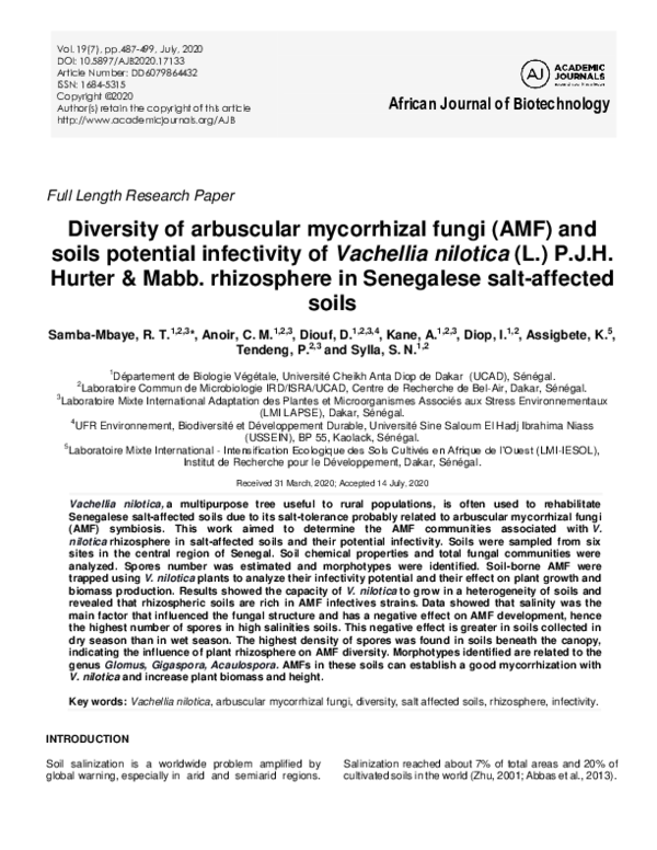 (PDF) Diversity of arbuscular mycorrhizal fungi (AMF) and soils potential infectivity of ...