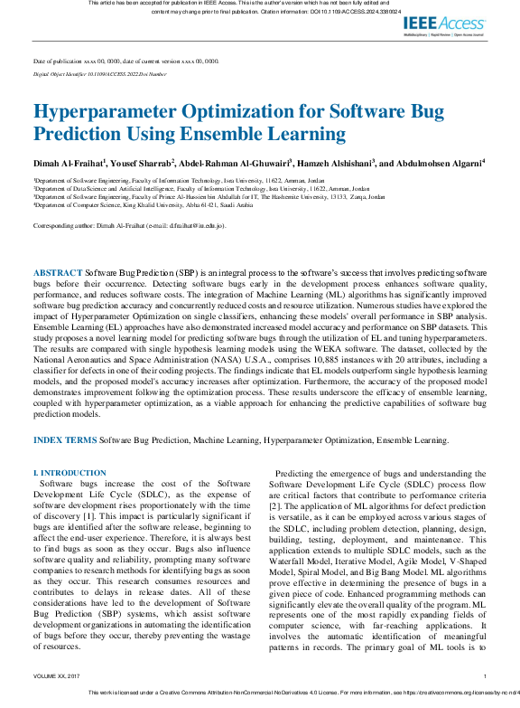 (PDF) Hyperparameter Optimization for Software Bug Prediction Using Ensemble Learning