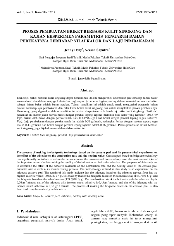(PDF) Proses Pembuatan Briket Berbasis Kulit Singkong Dan Kajian Eksperimen Parametris Pengaruh ...