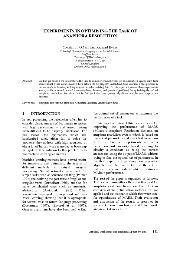 (PDF) Experiments in Optimising the Task of Anaphora Resolution
