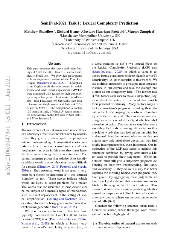(PDF) SemEval-2021 Task 1: Lexical Complexity Prediction