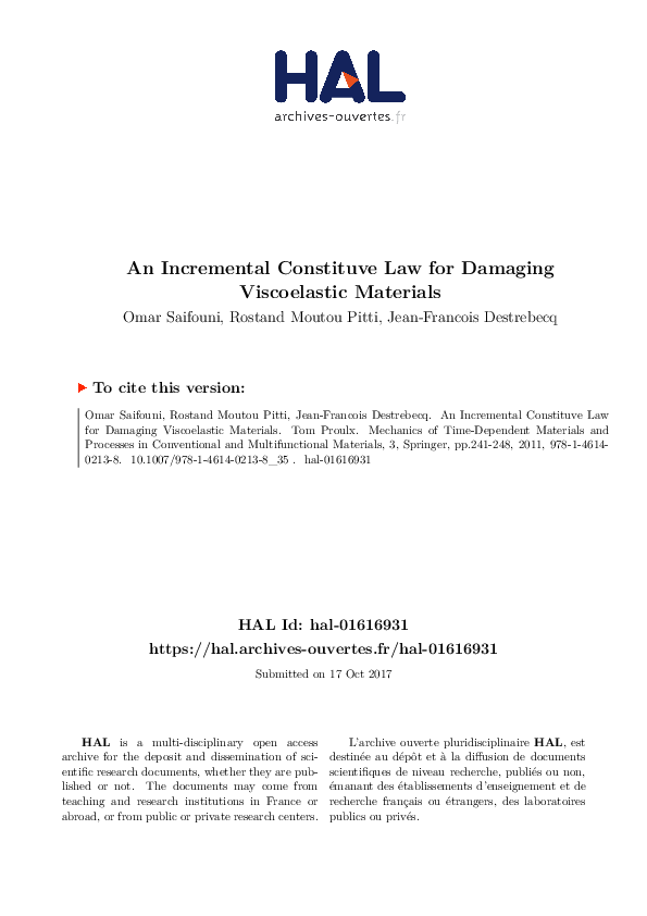 (PDF) An Incremental Constituve Law for Damaging Viscoelastic Materials