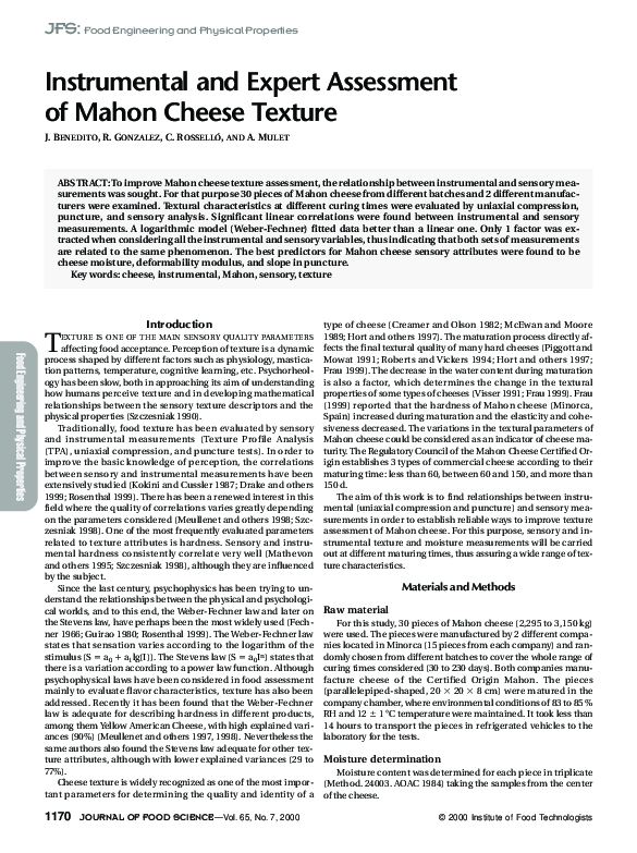 (PDF) Instrumental and Expert Assessment of Mahon Cheese Texture