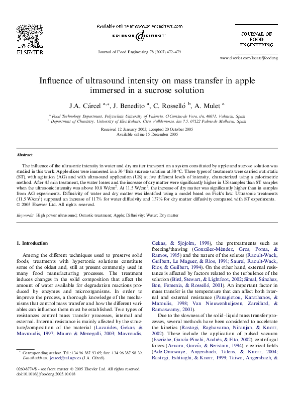 (PDF) Influence of ultrasound intensity on mass transfer in apple ...