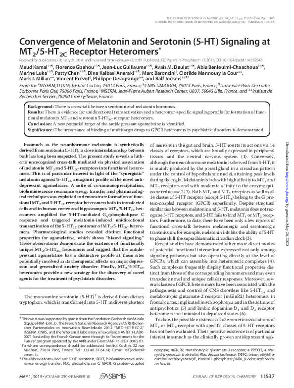 (PDF) Convergence of Melatonin and Serotonin (5-HT) Signaling at MT2/5-HT2C Receptor Heteromers
