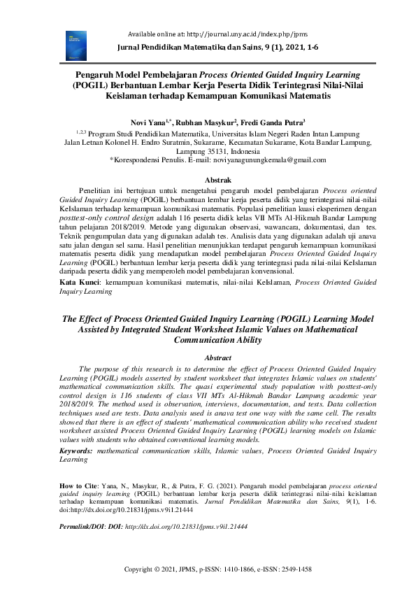 (PDF) Pengaruh Model Pembelajaran Process Oriented Guided Inquiry Learning (POGIL) Berbantuan ...