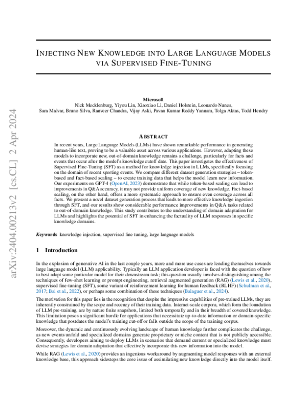 (PDF) Injecting New Knowledge into Large Language Models via Supervised Fine-Tuning
