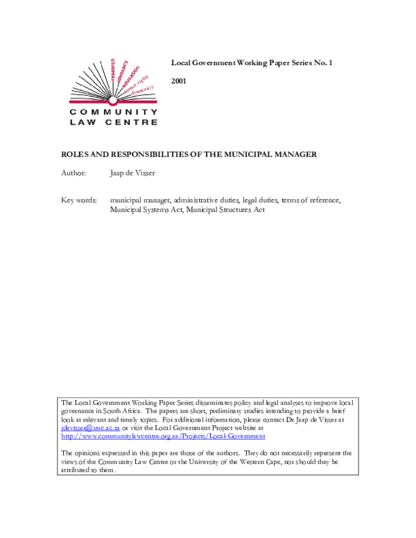 (PDF) Roles and responsibilities of the municipal manager