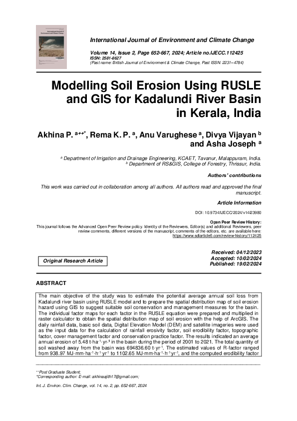 (PDF) Modelling Soil Erosion Using RUSLE and GIS for Kadalundi River ...