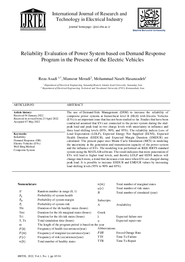 Pdf Reliability Evaluation Of Power System Based On Demand Response Program In The Presence Of