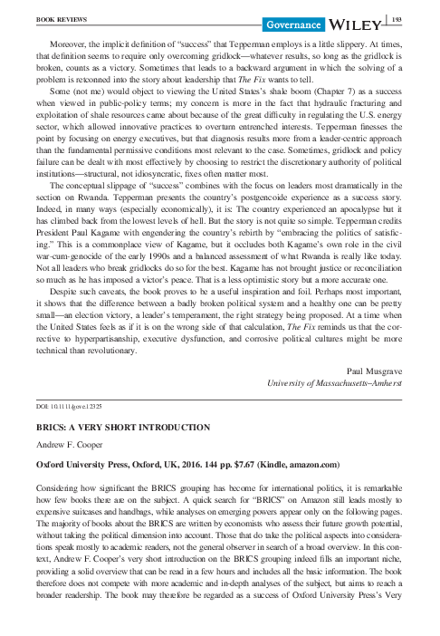 (PDF) The BRICS. A very short introduction, ANDREW F. COOPER, Oxford ...