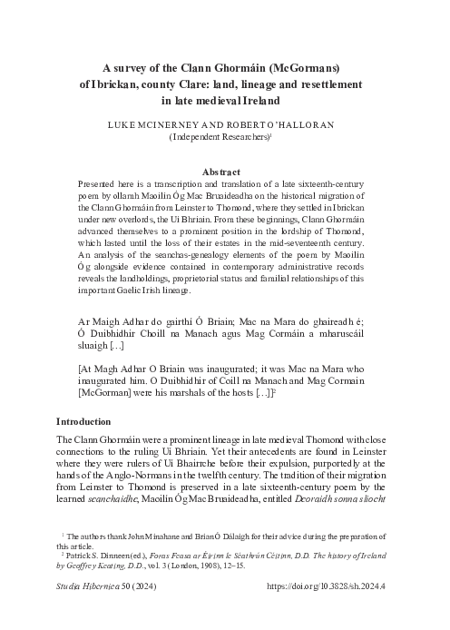 (PDF) A Survey of the Clann Ghormáin (McGormans) of Ibrickan, county Clare: land, lineage and ...