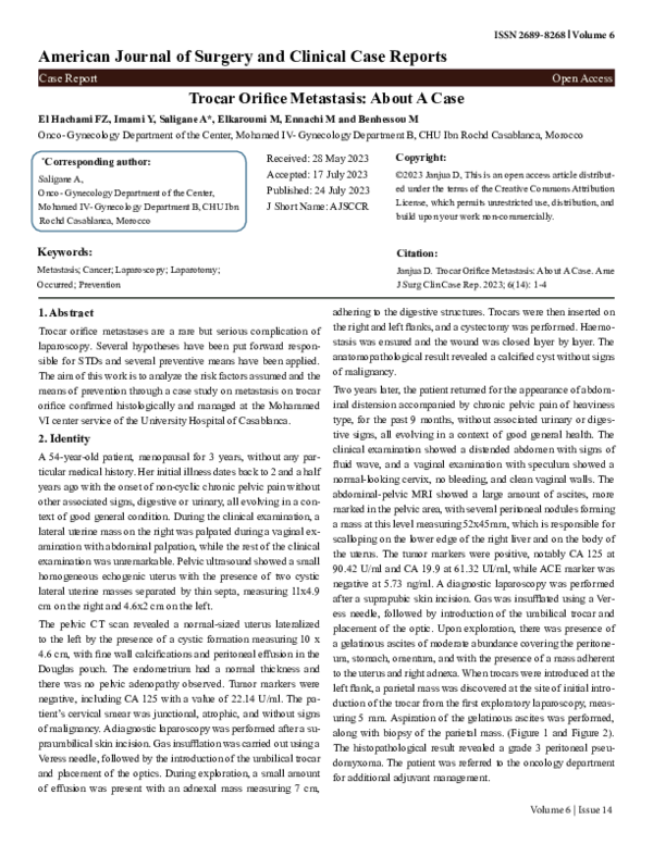(PDF) Trocar Orifice Metastasis: About A Case