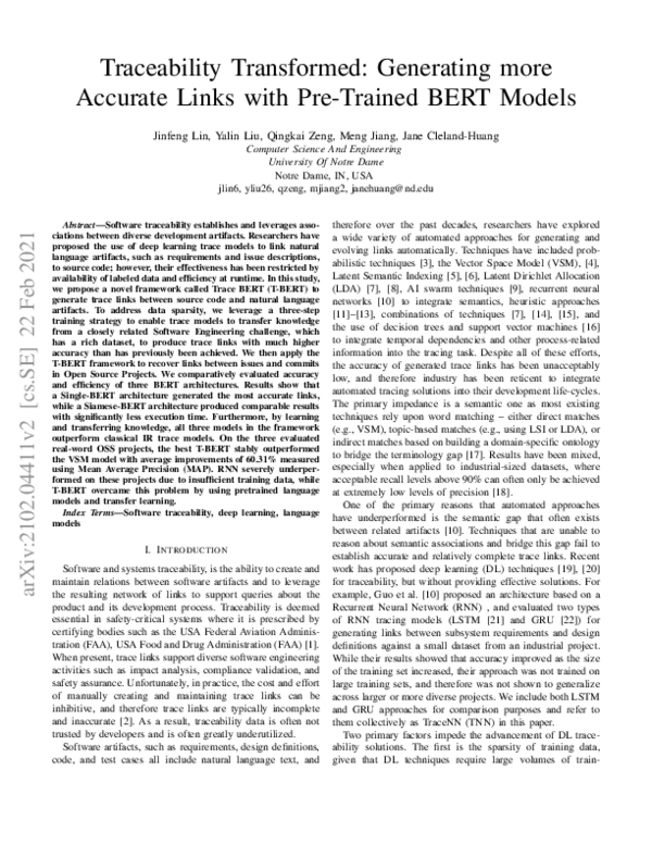 (PDF) Traceability Transformed: Generating More Accurate Links with Pre-Trained BERT Models