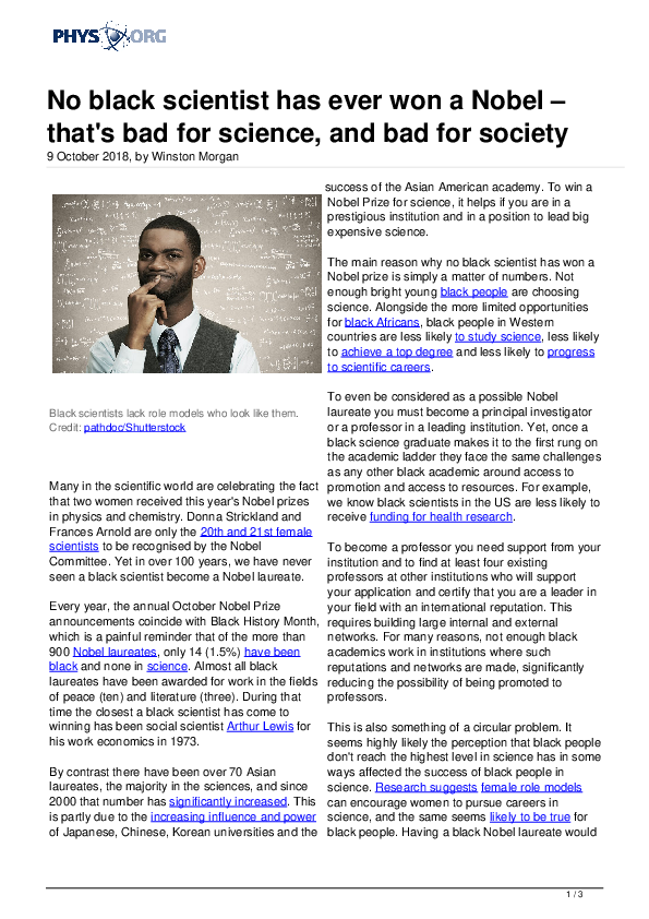 (PDF) No black scientist has ever won a Nobel – that’s bad for science ...