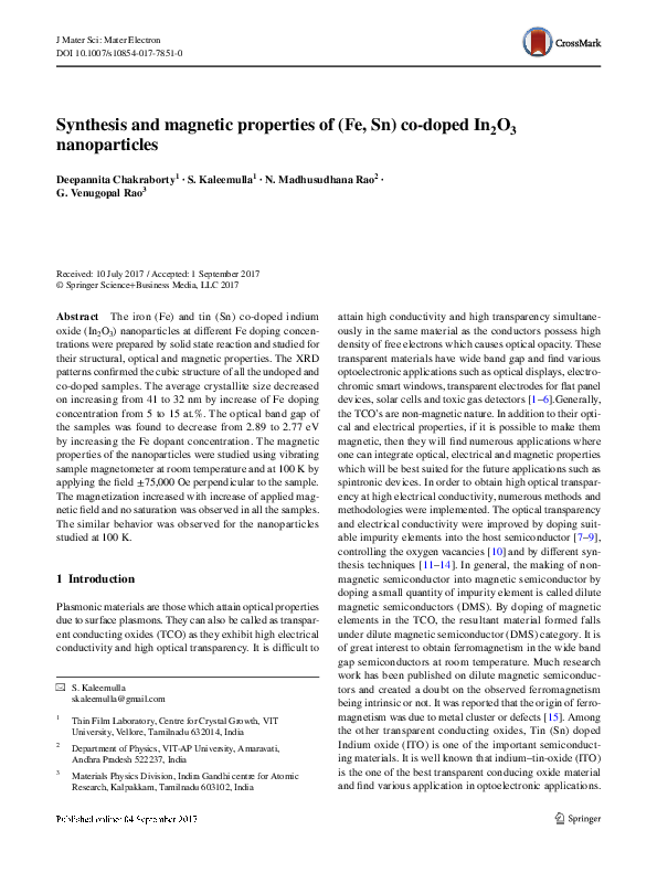 (PDF) Synthesis and magnetic properties of (Fe, Sn) co-doped In2O3 ...