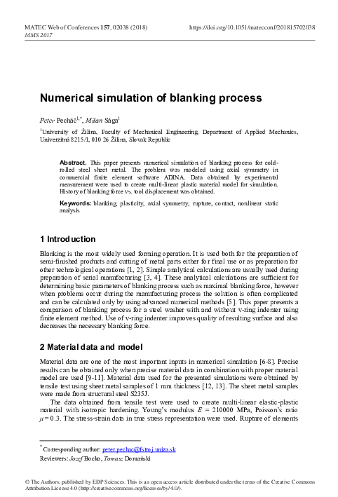(PDF) Numerical simulation of blanking process