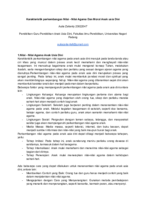 (PDF) Karakteristik perkembangan Nilai -Nilai Agama Dan Moral Anak usia Dini