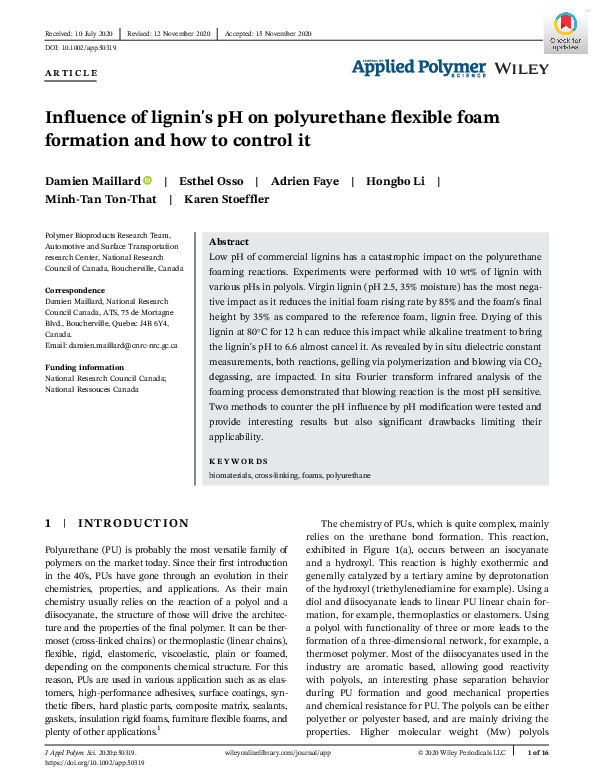 (PDF) Influence of lignin's pH on polyurethane flexible foam formation and how to control it