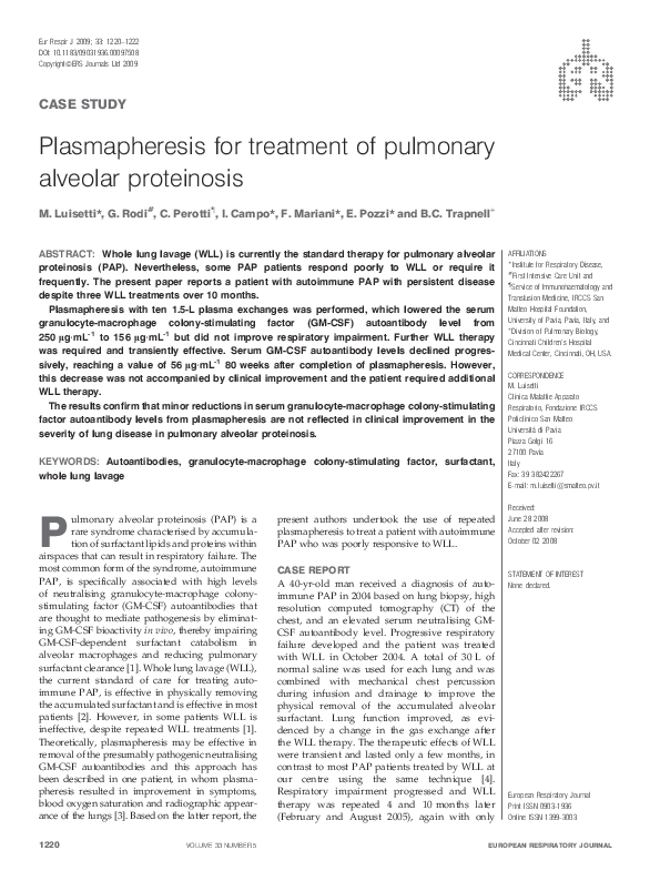 (PDF) Plasmapheresis for treatment of pulmonary alveolar proteinosis ...