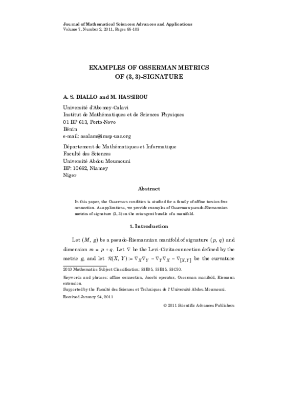 (PDF) Examples of Osserman metrics of (3, 3)-signature | Abdoul Salam ...