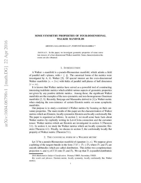 (PDF) Some symmetry properties of four-dimensional Walker manifolds ...