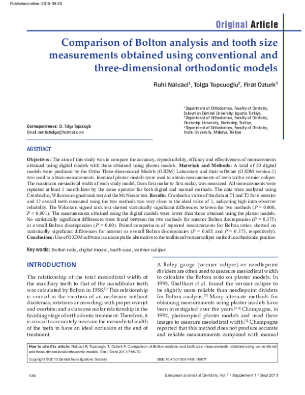 (PDF) Comparison of Bolton analysis and tooth size measurements ...