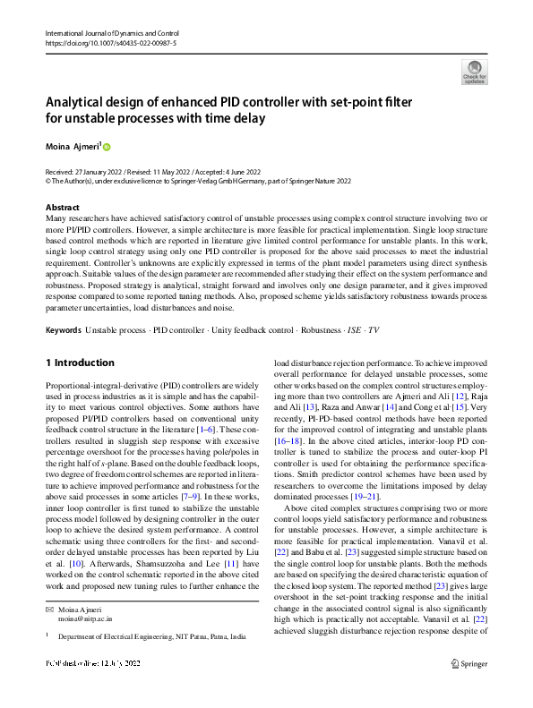 (PDF) Analytical design of enhanced PID controller with set-point filter for unstable processes ...