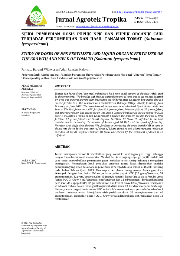 (PDF) STUDI PEMBERIAN DOSIS PUPUK NPK DAN PUPUK ORGANIK CAIR TERHADAP PERTUMBUHAN DAN HASIL ...