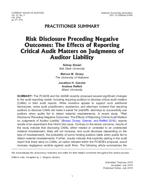 (PDF) Risk Disclosure Preceding Negative Outcomes: The Effects of ...