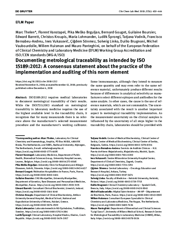 (PDF) Documenting metrological traceability as intended by ISO 15189: ...