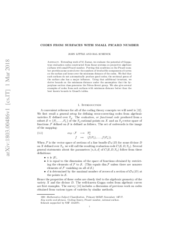 (PDF) Codes from surfaces with small Picard number