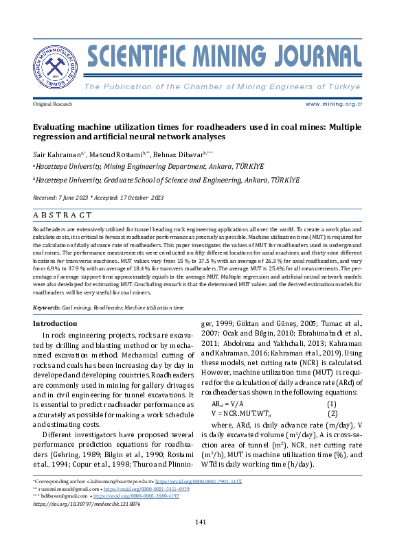 (PDF) Evaluating machine utilization times for roadheaders used in coal mines: Regression and ...