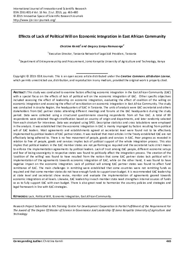 (PDF) Effects of Lack of Political Will on Economic Integration in East ...