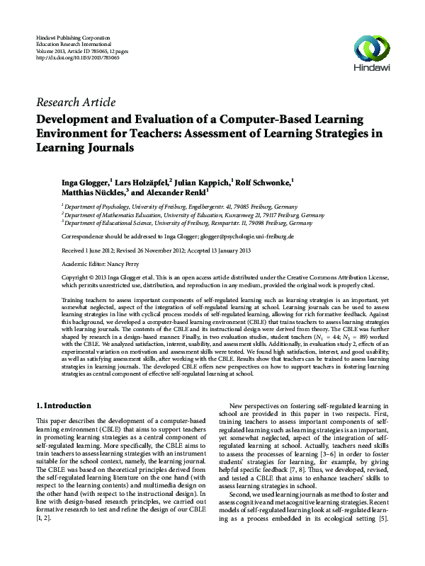 (PDF) Development and Evaluation of a Computer-Based Learning Environment for Teachers ...