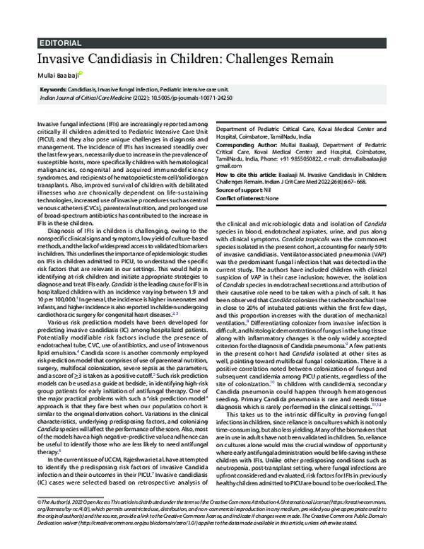 (PDF) Invasive Candidiasis in Children: Challenges Remain