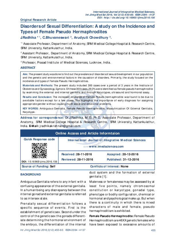 (PDF) Disorders of Sexual Differentiation: A study on the Incidence and ...
