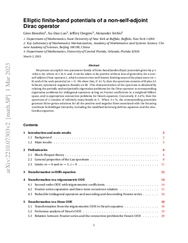 (PDF) Elliptic finite-band potentials of a non-self-adjoint Dirac operator