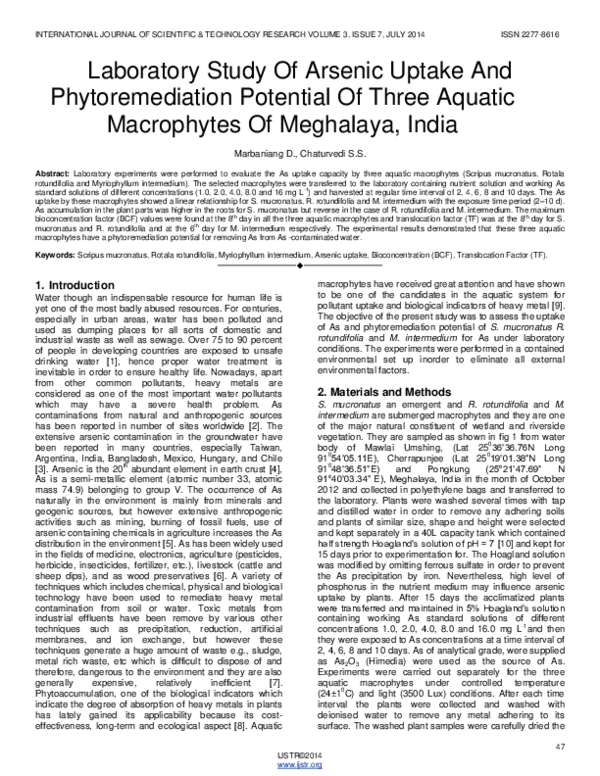 (PDF) Laboratory Study Of Arsenic Uptake And Phytoremediation Potential Of Three Aquatic ...